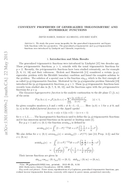 Pdf Convexity Properties Of Generalized Trigonometric And Hyperbolic Functions