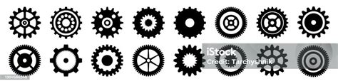 간단한 기어 아이콘 검은 색 배경에 설정된 바퀴 벡터 화이트 코그휠 컬렉션 개념에 대한 스톡 벡터 아트 및 기타 이미지 개념 개발 개체 그룹 Istock