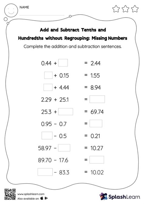 Add And Subtract Tenths And Hundredths Without Regrouping Missing Numbers Worksheet