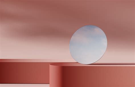 거울과 천으로 3d 연단 디스플레이 복사 공간이있는 추상 최소 제품 프로모션 받침대 브랜딩을 위한 빈 공간입니다 파스텔 핑크 산호 배경입니다 트렌디 한 3d 렌더 일러스트