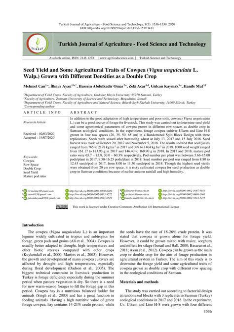 Pdf Seed Yield And Some Agricultural Traits Of Cowpea Vigna