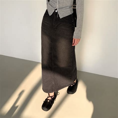 조이조이 퍼시픽 빈티지 청치마 워싱 뒷트임 데님 롱 스커트