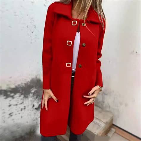 Xwshyw Womens Coats Plus Size Long Warm Button Wool Coat Fashion Solid Color Long Sleeve Jacket