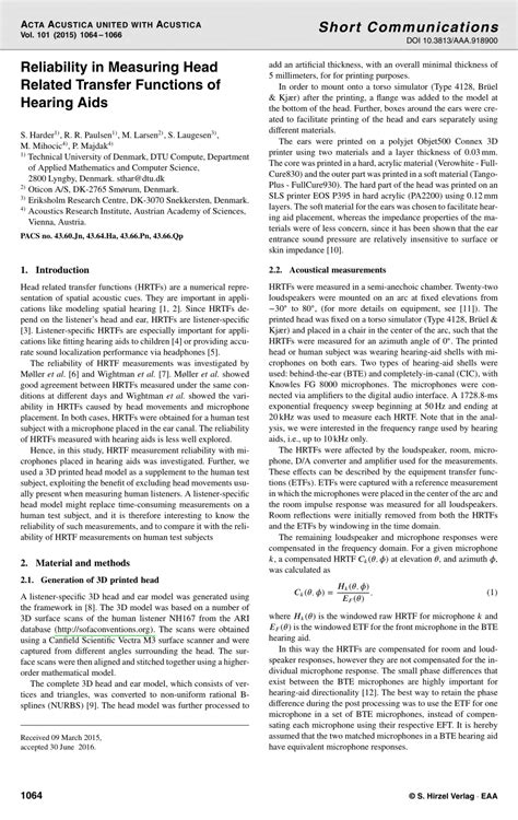 Pdf Reliability In Measuring Head Related Transfer Functions Of Hearing Aids