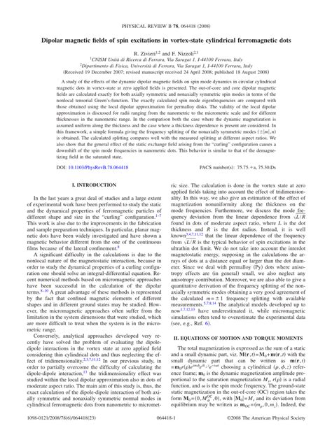 Pdf Dipolar Magnetic Fields Of Spin Excitations In Vortex State Cylindrical Ferromagnetic Dots
