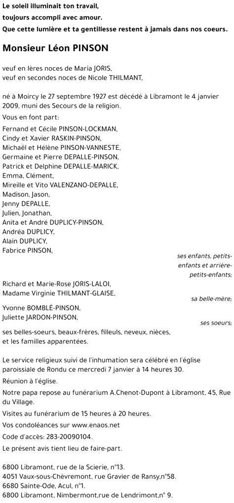 Avis De Décès De Léon Pinson Décédé Le 04012009 à Libramont Chevigny