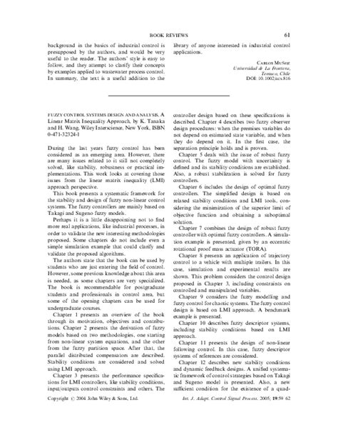 Pdf Fuzzy Control Systems Design And Analysis A Linear Matrix Inequality Approach