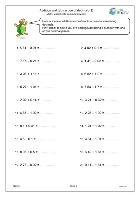 Addition And Subtraction Of Decimals 1 Fraction And Decimal Worksheets For Year 5 Age 9 10