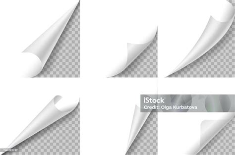 말린 된 모퉁이 설정 합니다 용지 페이지 컬 코너 플립 턴 폴드 시트 스티커 곱슬 각 구부러진 테두리 메모장 사실적인 벡터 디자인 신문에 대한 스톡 벡터 아트 및 기타