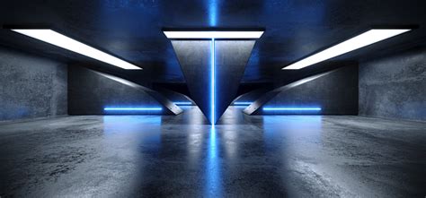 네온 블루 레이저 튜브 조명 3d 렌더링을 열정적으로 미래 지향적인 현대 과학 Fi 현실적인 그런 지 구체적인 반사 어두운 빈 지 하 터널 복도 네온에 대한 스톡 사진 및