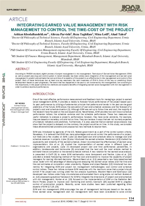 Pdf Integrating Earned Value Management With Risk Management To Control The Time Cost Of The