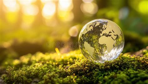 Crystal Globe On Moss Promoting Sustainability In Environment Society