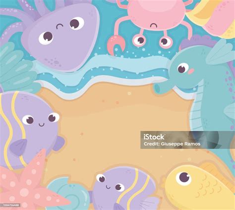 바닷가 해마 문어 불가사리 물고기 조개 껍질 생활 만화 아래 바다 갈고리 발톱에 대한 스톡 벡터 아트 및 기타 이미지 갈고리 발톱 게 껍데기 Istock