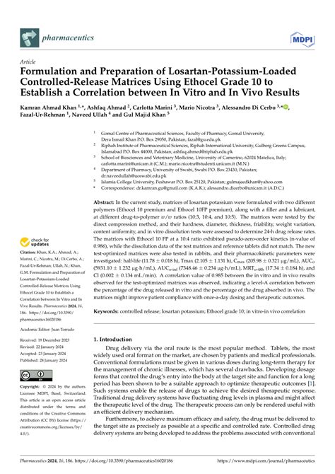 Pdf Formulation And Preparation Of Losartan Potassium Loaded Controlled Release Matrices Using