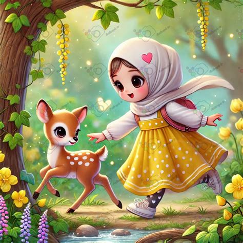 بک گراند کودکانه دختر بچه ناز با حجاب و بچه آهوی ناز در حال بازی در جنگل سبز کد 43956 ویژه عکس