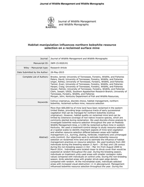 Pdf Habitat Manipulation Influences Northern Bobwhite Resource Selection On A Reclaimed