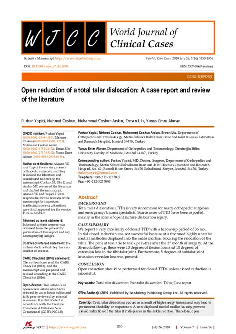 Pdf Open Reduction Of A Total Talar Dislocation A Case Report And Review Of The Literature