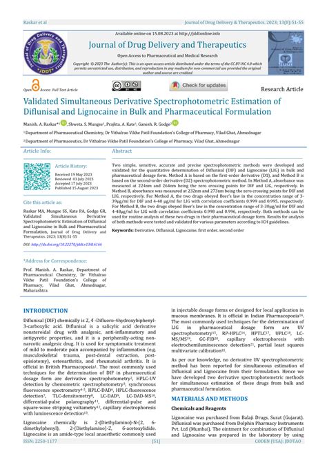 Pdf Validated Simultaneous Derivative Spectrophotometric Estimation Of Diflunisal And