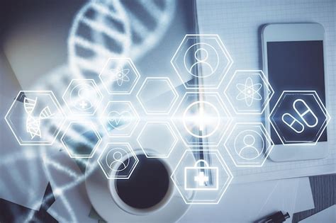 Premium Photo Double Exposure Of Dna Drawing Over Table With Phone