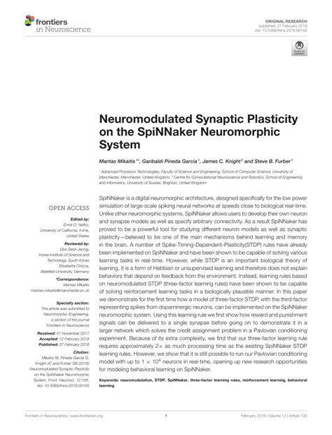 Pdf Neuromodulated Synaptic Plasticity On The Spinnaker Neuromorphic