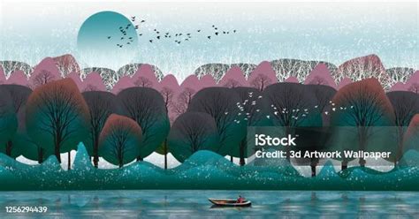 어두운 파란색 정글 숲 배경 과 3d 현대 미술 벽화 벽지 풍경 황금 사슴 검은 크리스마스 트리 산 흰 새와 달 0명에 대한 스톡 사진 및 기타 이미지 Istock