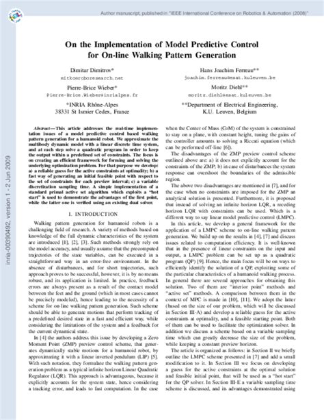 Pdf On The Implementation Of Model Predictive Control For On Line Walking Pattern Generation