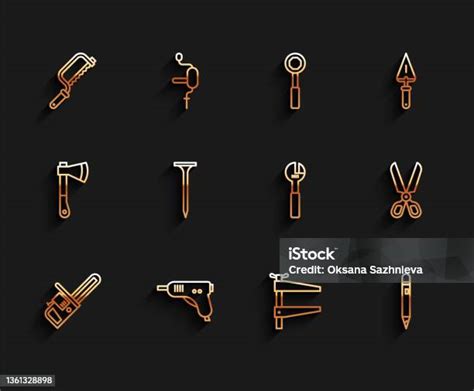 세트 라인 전기 톱 전기 뜨거운 접착제 총 쇠톱 클램프 도구 지우개를 가진 연필 금속 손톱 가위 및 조절 가능한 렌치 아이콘 벡터 가위에 대한 스톡 벡터 아트 및 기타