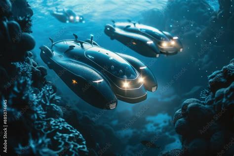 Futuristic Underwater Drones Mapping Ocean Floor Bioluminescent Sea Life And Advanced Sonar