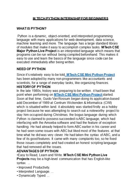 Mtech Python Internship For Beginners Presentation Free To Download