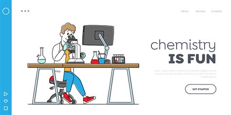 약학 또는 화학 실험실 연구 실험 방문 페이지 템플릿 실험실에서 남성 과학자 캐릭터 작업 화학 수업에 대한 스톡 벡터 아트 및 기타 이미지 Istock