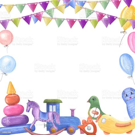 풍선이 달린 아이 나무 장난감 흰색 배경에 격리된 깃발이 있는 수채화 그림 보육원 어린이 방 장식 친환경 소재 어린이 장난감