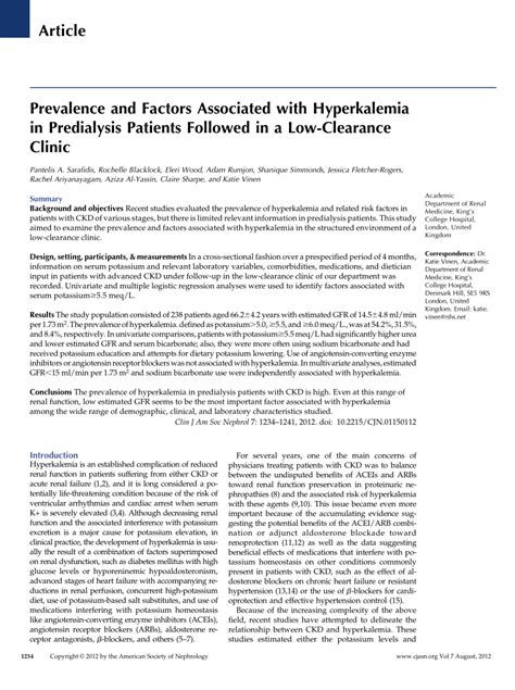 Pdf Prevalence And Factors Associated With Hyperkalemia In Predialysis Patients Followed In A
