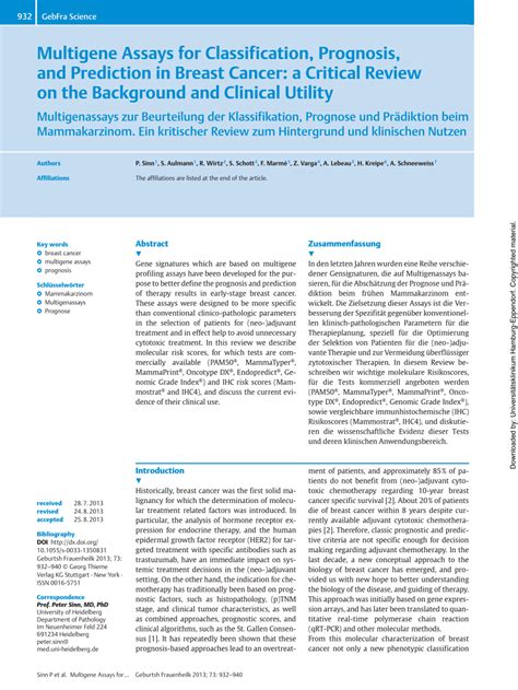 Pdf Multigene Assays For Classification Prognosis And Prediction In Breast Cancer A