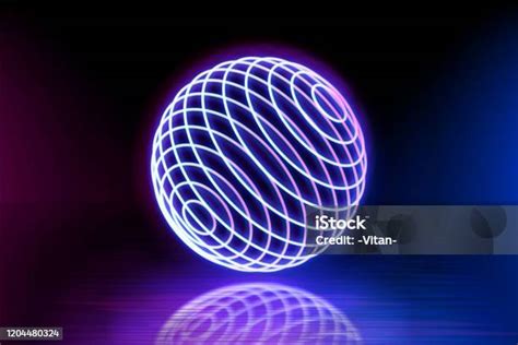 어두운 배경에 네온 색상 기하학적 원 구 구 구조 발광 선 네온 사인 바닥에 파란색과 분홍색 네온 빛의 반사 어둠 속에서 빛의