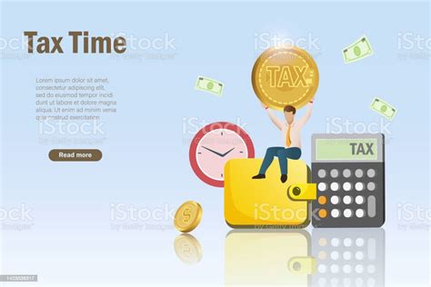세금 시간 온라인 세금 납부 회계 소득세 납부 계산에서 금 동전세를 홀링하는 사업가 회계 및 재무 관리 계산기에 대한 스톡 벡터 아트 및 기타 이미지 Istock