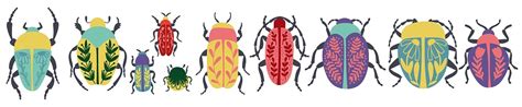 벡터 요소 집합입니다 꽃이있는 벌레 장식 딱정벌레 식물 디자인 포스터와 카드를위한 곤충 컬렉션 밝은 생생한 색상 손으로 그린 곤충 기호 아이콘 팩 2차 도형에 대한 스톡