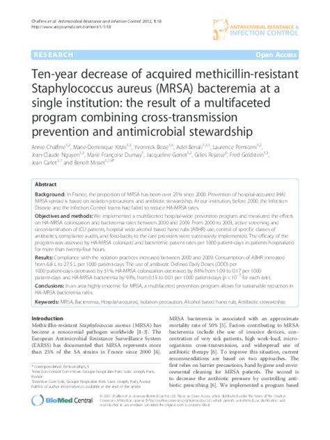 Pdf Reducing Methicillin Resistant Staphylococcus Aureus Mrsa Patient Exposure By Infection