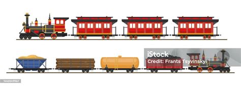 만화 스타일의 다채로운 기관차 세트 승객 석탄 연료 나무 모래 흰색 배경의 철도 운송의 벡터 그림 기차에 대한 스톡 벡터 아트