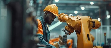 Industrial Worker Adjusting A Robotic Arm Premium Ai Generated Image