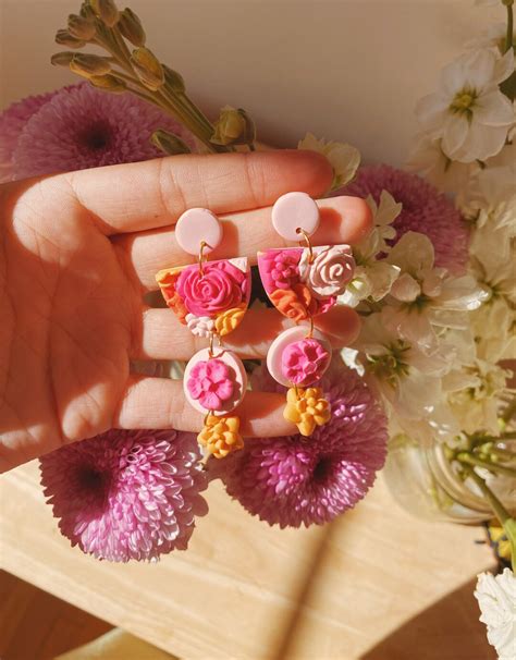 Flower Polymer Clay Earrings • Garden Dangle Etsy