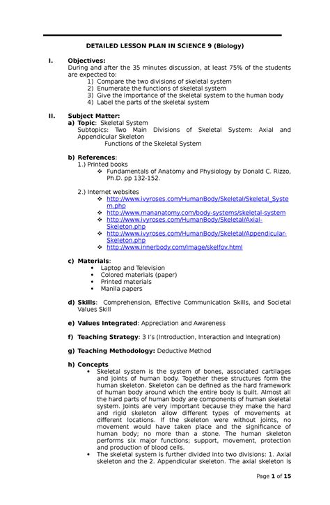 Lesson Plan 3is Skeletal System Detailed Lesson Plan In Science 9 Biology I Objectives