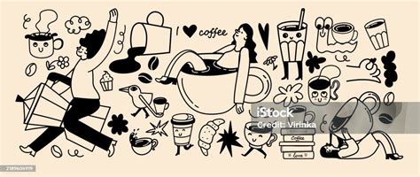 트렌디 한 평면 단순한 선형 스타일 재미있는 마스코트 및 만화 캐릭터 친절한 스티커 및 광고 소셜 미디어 배지로 설정된 커피 벡터 일러스트 레이 션 핫 초콜릿에 대한 스톡