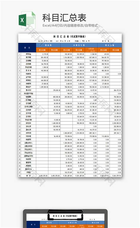 科目汇总表excel模板千库网excelid：86990