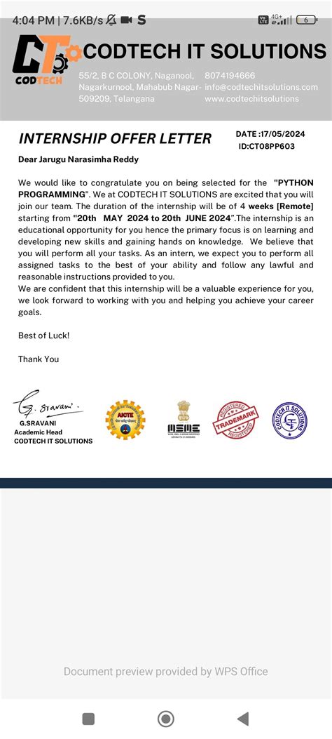 Jarugu Narasimha Reddy On Linkedin Codtech Internship Offer Letter