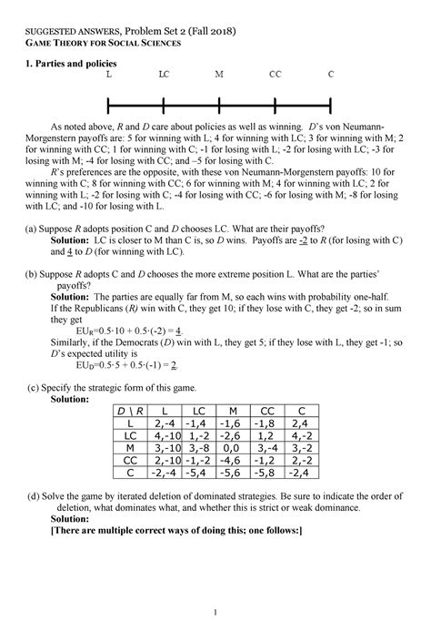 ECON C Problem Set Solutions SUGGESTED ANSWERS Problem Set Fall GAME THEORY FOR