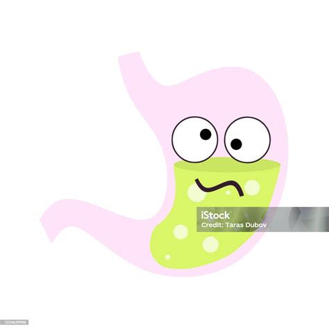 인간의 위장 화가 슬픈 얼굴과 에드 병가 눈과 입 건강과 소화에 문제가 있습니다 엑스레이 내부 오르간 녹색 산 의료 치료 배의 요소 만화 플랫 일러스트레이션 개념에 대한