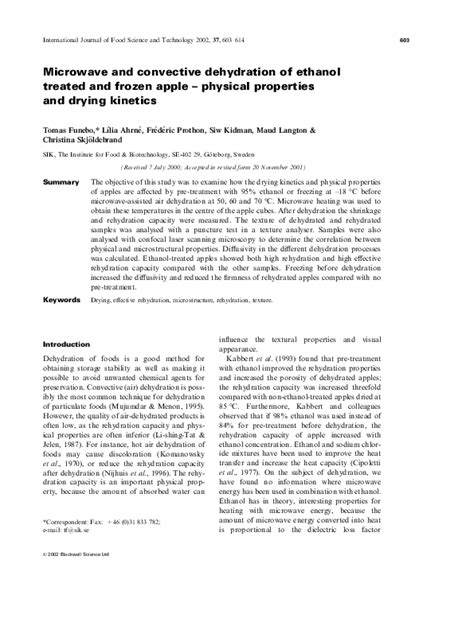 Pdf Microwave And Convective Dehydration Of Ethanol Treated And Frozen Apple Physical