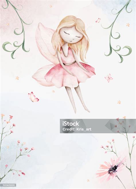 요정과 꽃 수채화 격리 된 아이 그림 소녀들을 위해 만화 핑크 마술 소녀 베이비 샤워 포스터 생일 축하 아이 카드 요정 가공의 인물에 대한 스톡 벡터 아트 및 기타 이미지