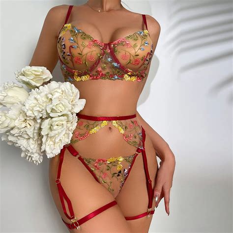 Boho Embroidered Lingerie Set Wine Red Boudoir Lingerie Sexy Lin