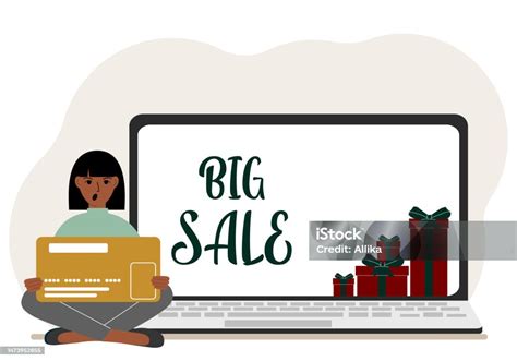 온라인 쇼핑 큰 판매 한 여성이 쇼핑 카드를 들고 손에 다리를 꼬고 앉아 있습니다 선물이 있는 노트북 옆에 있습니다 고객에 대한 스톡 벡터 아트 및 기타 이미지 Istock